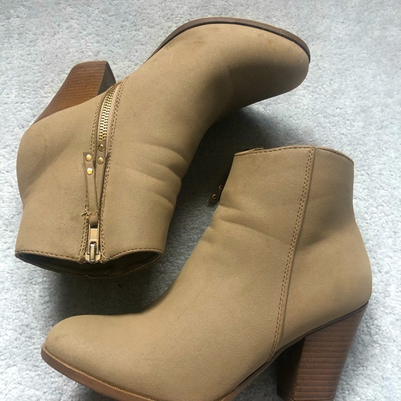 Shoes | Beige Fauxsuede Heeled Booties Size 4 | Poshmark